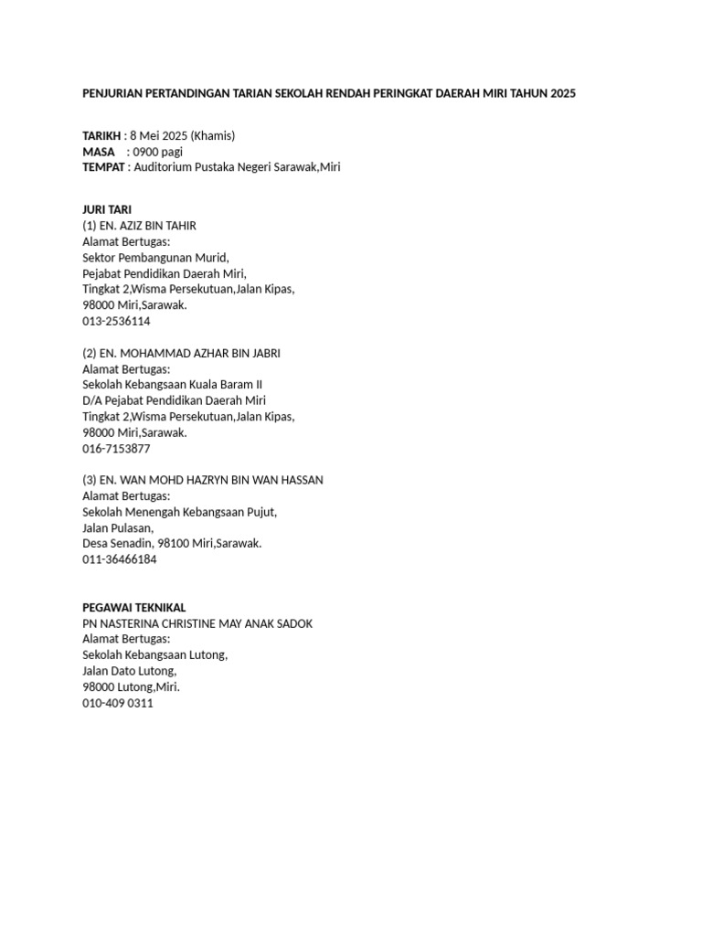 Penjurian Pertandingan Tarian Sekolah Rendah Peringkat Daerah Miri ...