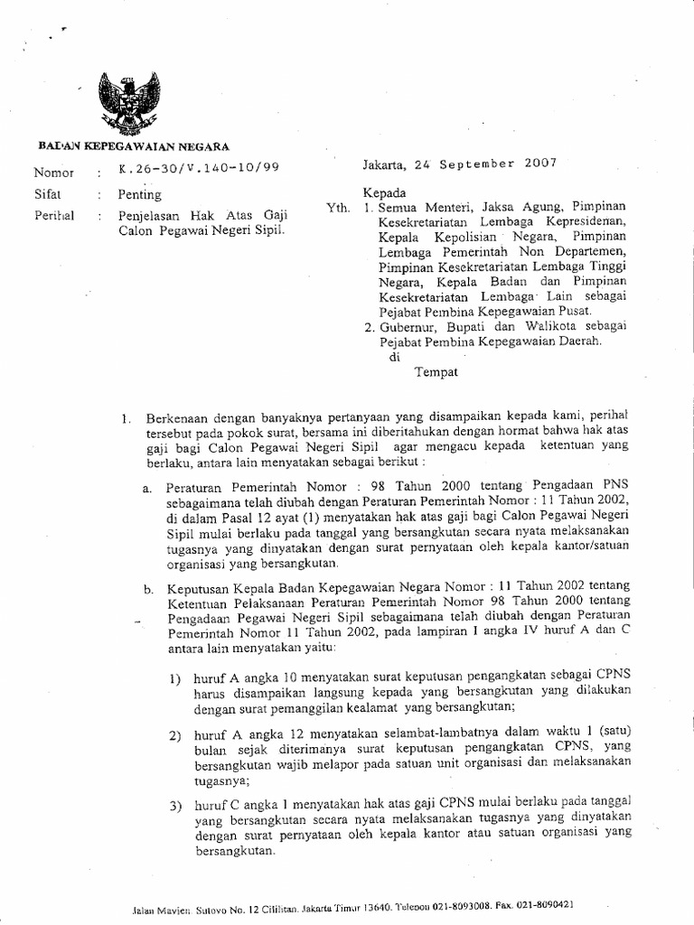 Surat Kepala BKN Nomor K.26-30 V.140-10 99@penjelasan Hak Atas Gaji Calon P | PDF