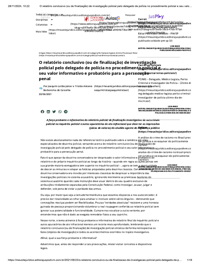 O Relatório Conclusivo (Ou de Finalização) de Investigação Policial ...
