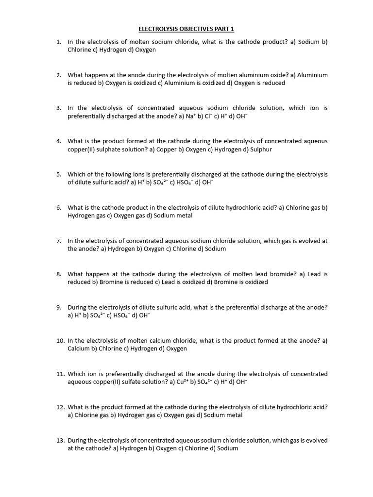 Electrolysis Objectives Part 1 | PDF | Chlorine | Chloride