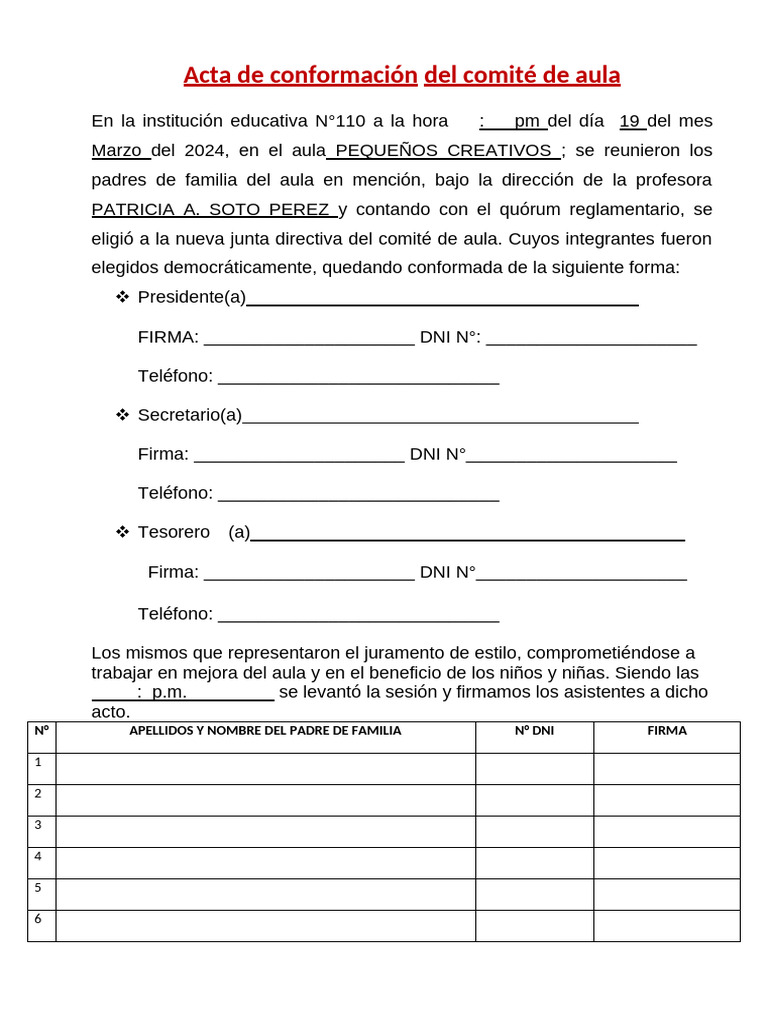 Acta de Conformación COMITE DE AULA 2024 | PDF