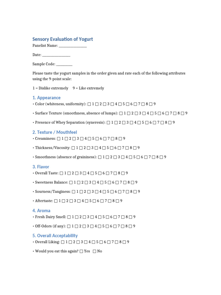Yogurt Sensory Evaluation Template 1 | PDF