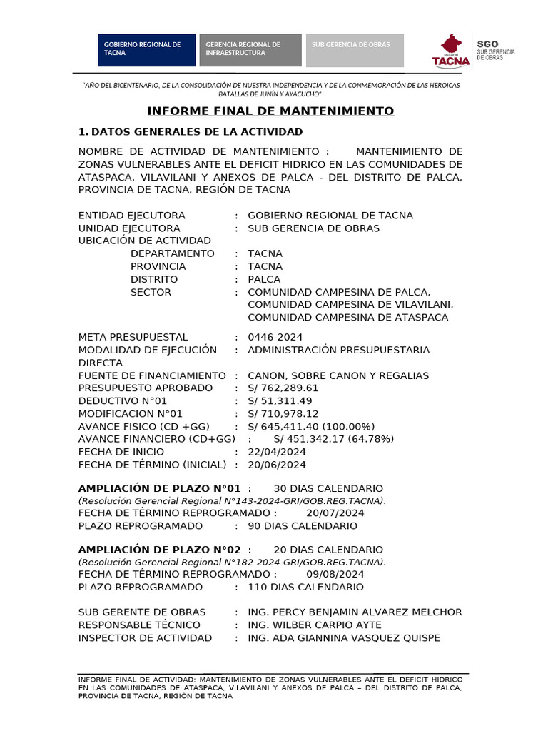 1.0, 2.0 y 3.0 Generalidades - Inf Final | PDF | Presupuesto | Ingeniería mecánica