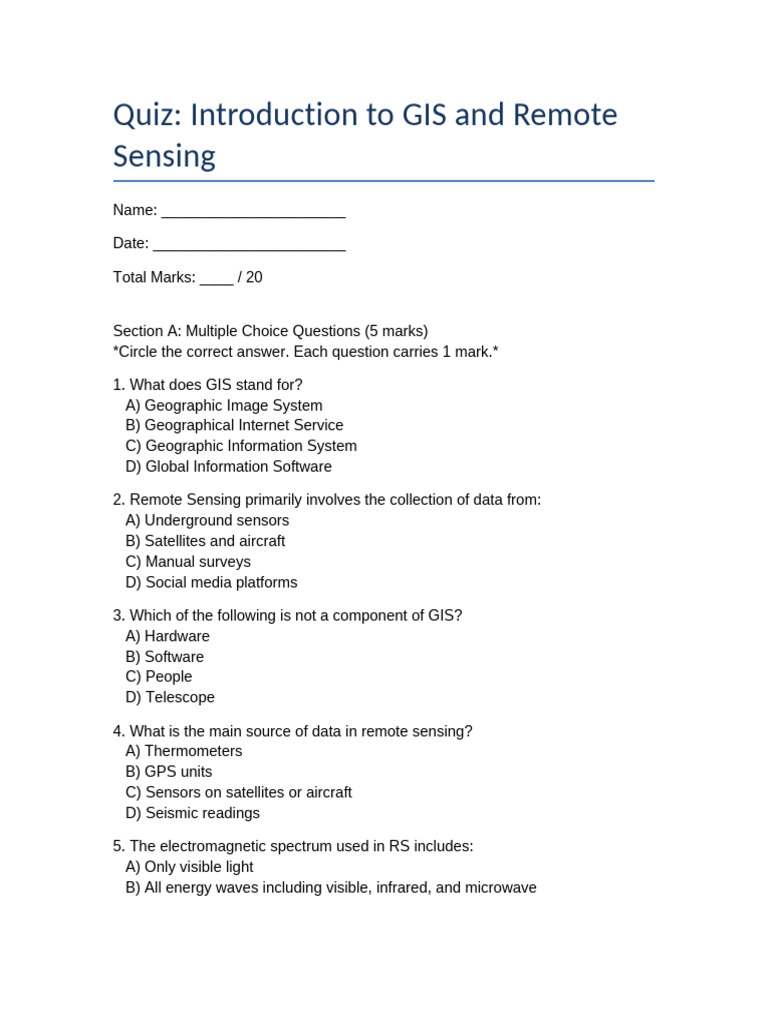 GIS and Remote Sensing Quiz | PDF