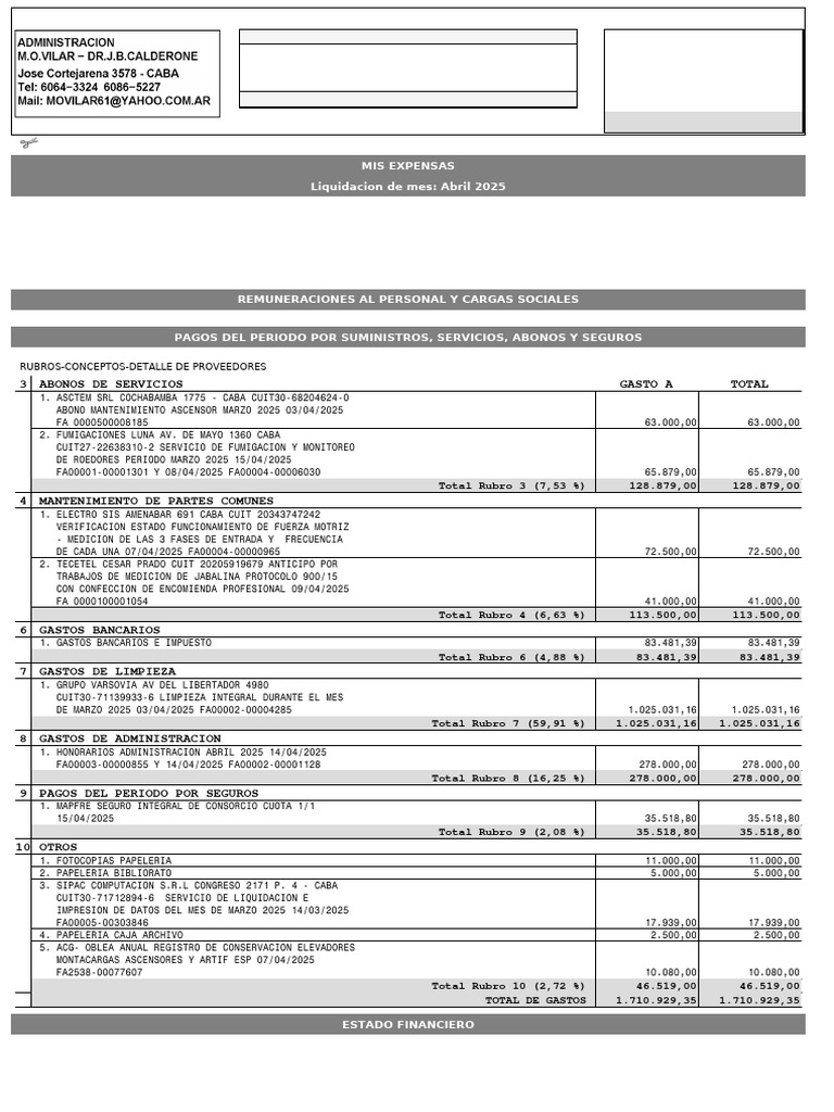 Mis Expensas Liquidacion de Mes: Abril 2025: PEREZ D. M. UF: 009 Piso: 3 Dto: A | PDF | Business ...