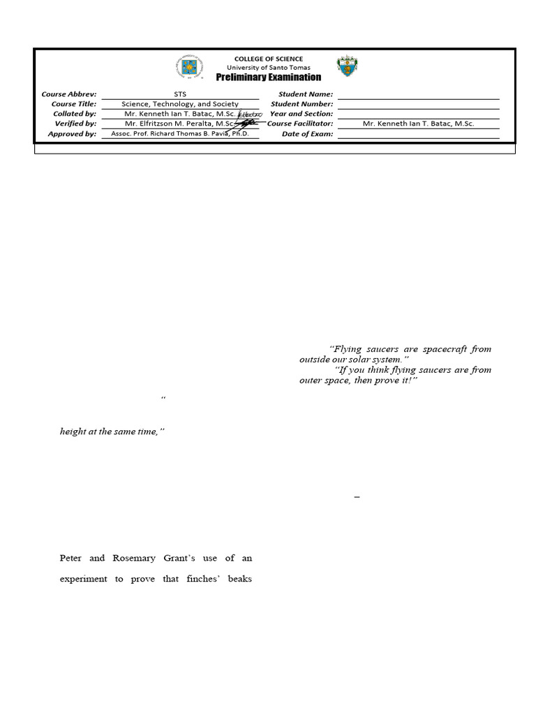 KITB - STS Preliminary Examination | PDF | Science | Evidence