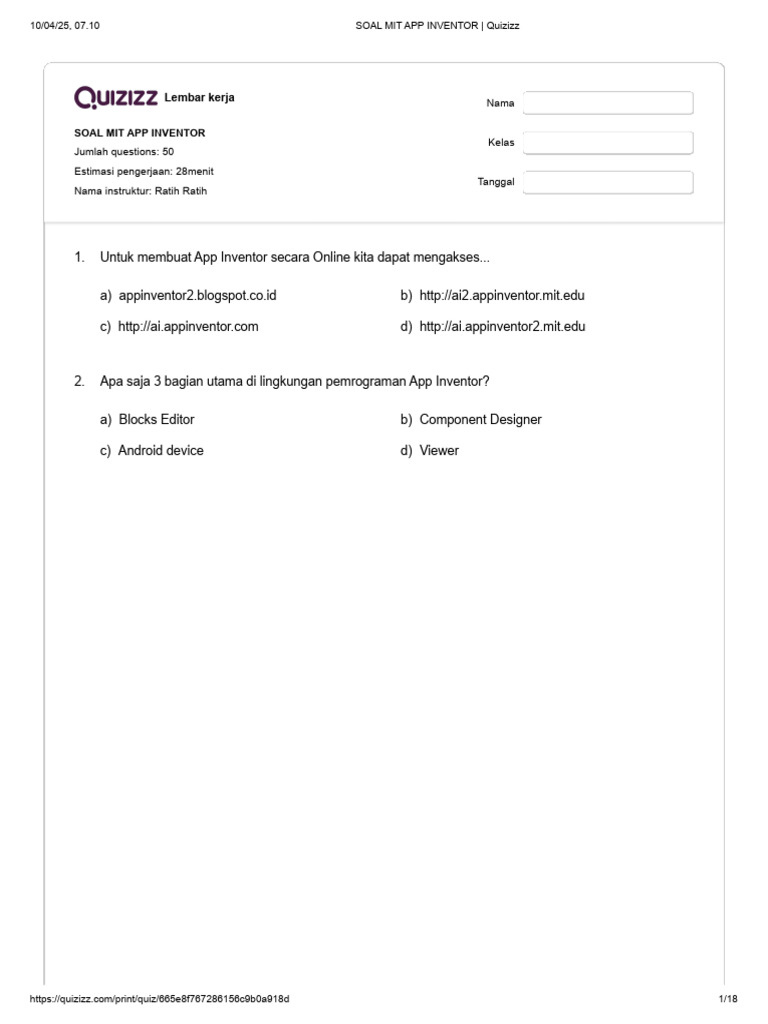 Soal Mit App Inventor - Quizizz | PDF