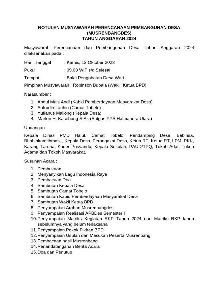 Notulen Musyawarah Perencanaan Pembangunan Desa | PDF