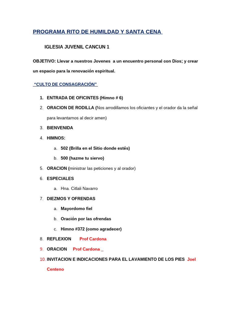 PROGRAMA RITO DE HUMILDAD Y SANTA CENA iglesia Juvenil | PDF | Oración ...