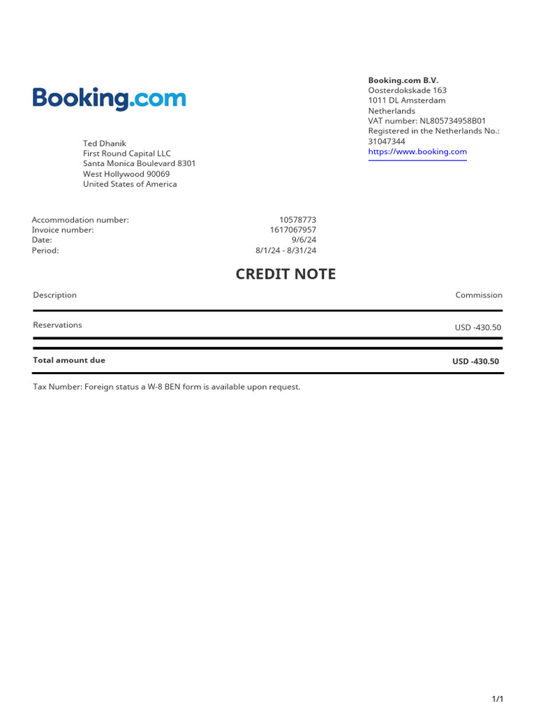 Booking.com Credit Note for Reservation | PDF