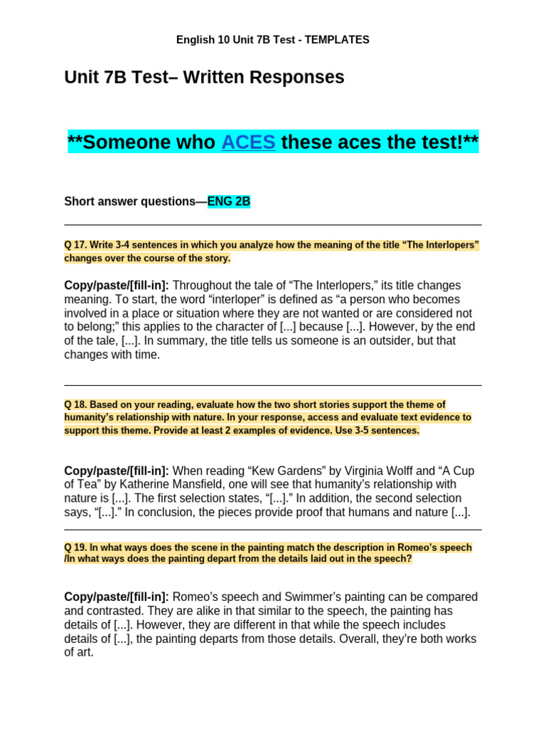 Unit 7B Test: Literary Analysis Prompts | PDF