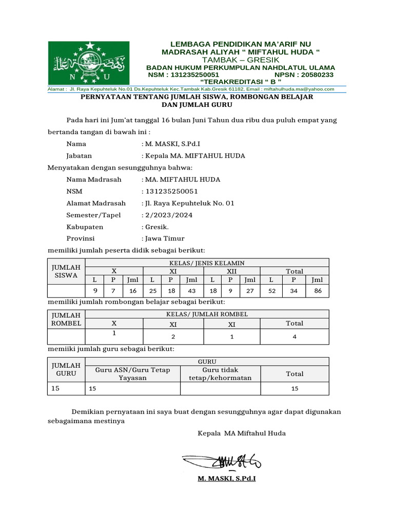 Surat Pernyataan JML Siswa Rombel Dan Guru | PDF