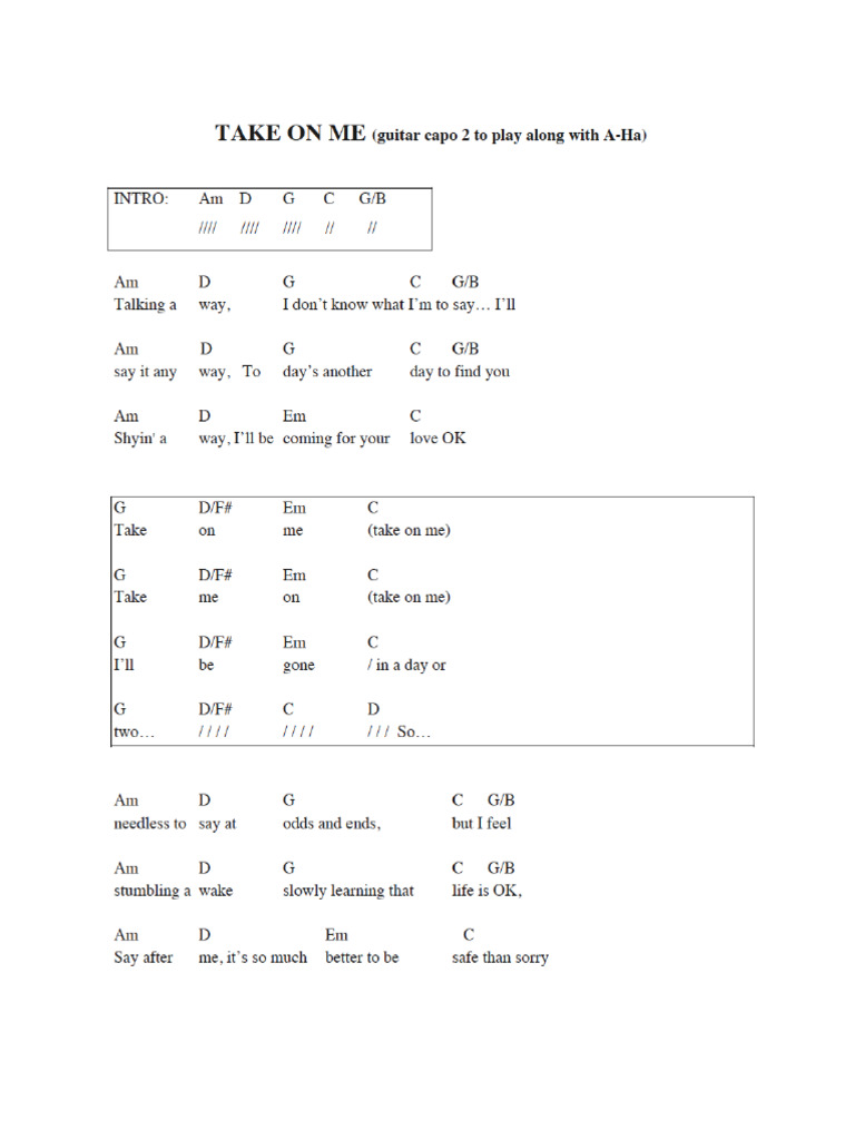 Take On Me Lyrics and Chords | PDF