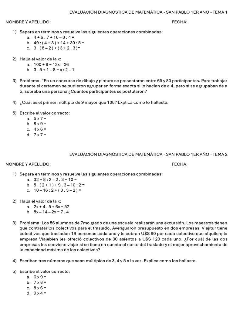 Prueba Diagnóstica de Matemáticas 1º Año | PDF