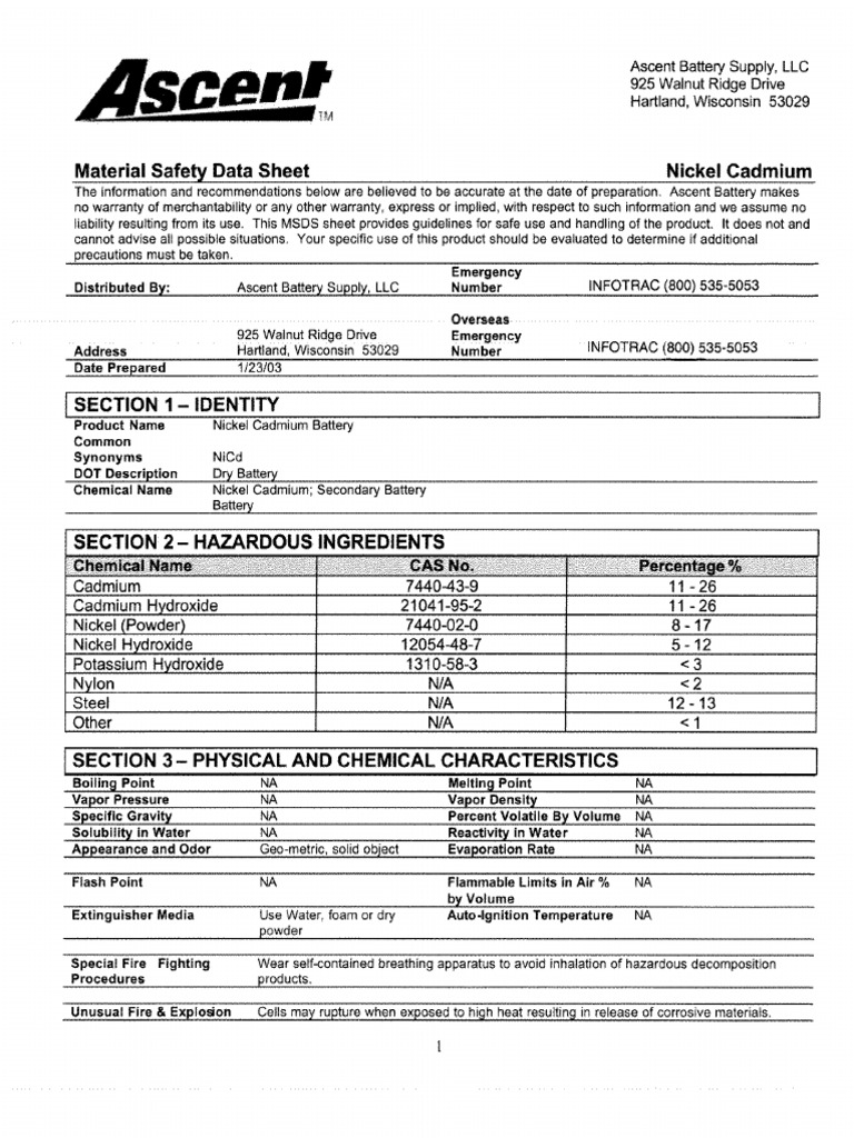 AT31 - NiCd MSDS 0905 | PDF