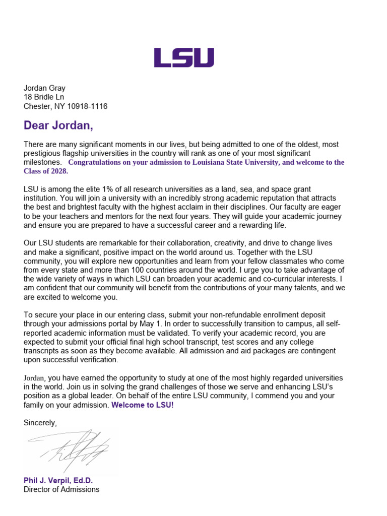 Dear Jordan,: Congratulations On Your Admission To Louisiana State ...