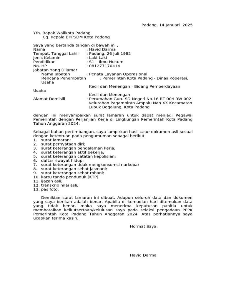Surat Lamaran Penata Layanan Operasional | PDF