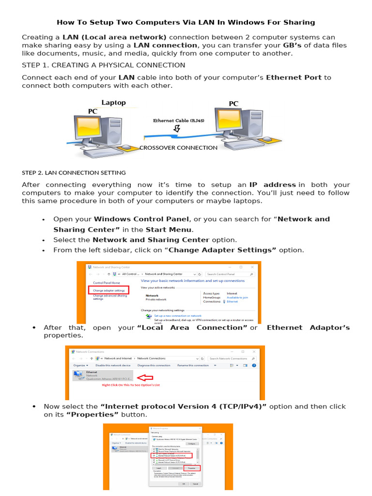Setup LAN Between Two Windows PCs | PDF | Local Area Network | Internet ...