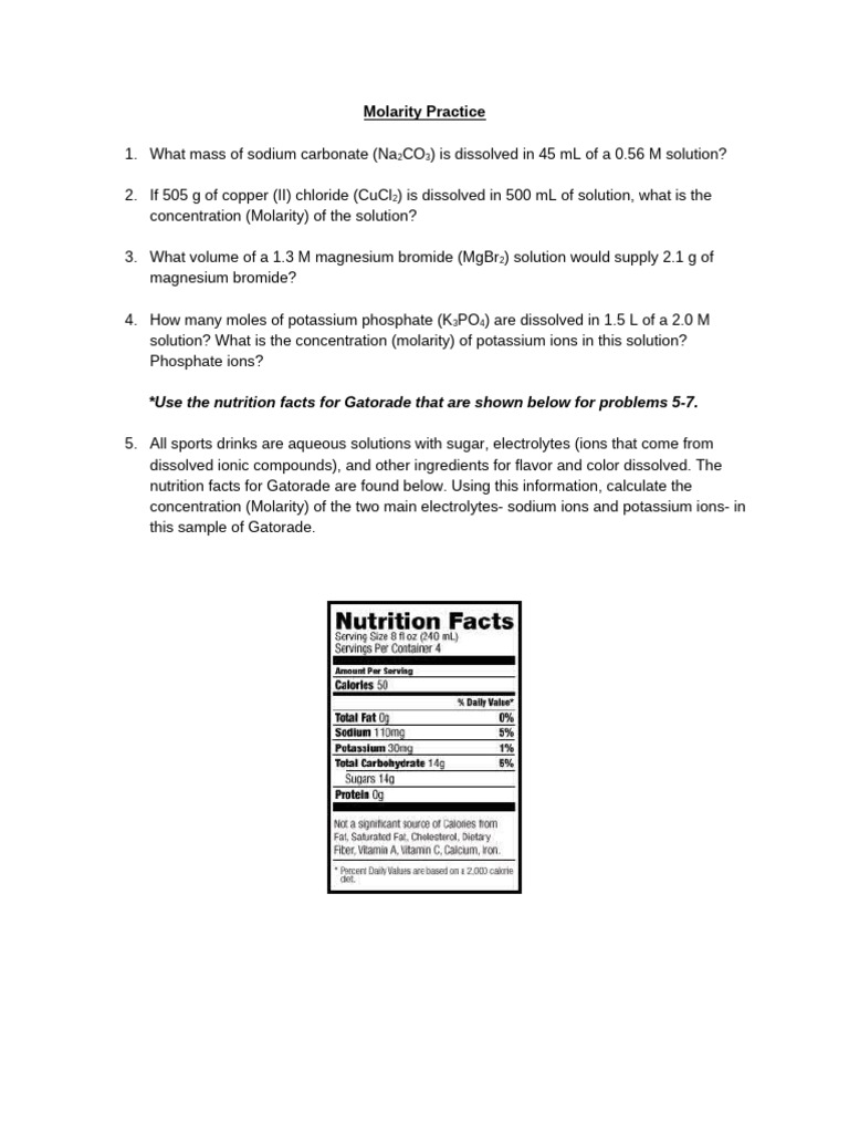 Molarity and Dilution Practice | PDF
