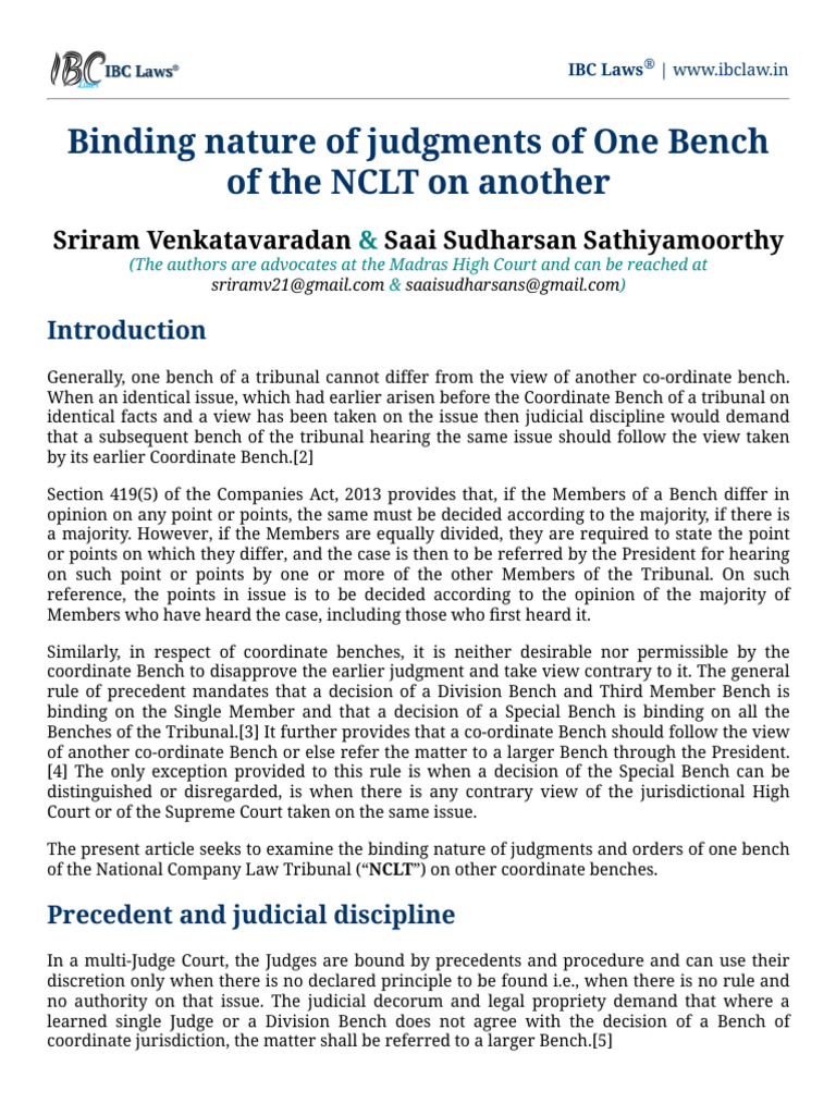 Binding Nature of Judgments of One Bench of the NCLT on Another – Adv ...