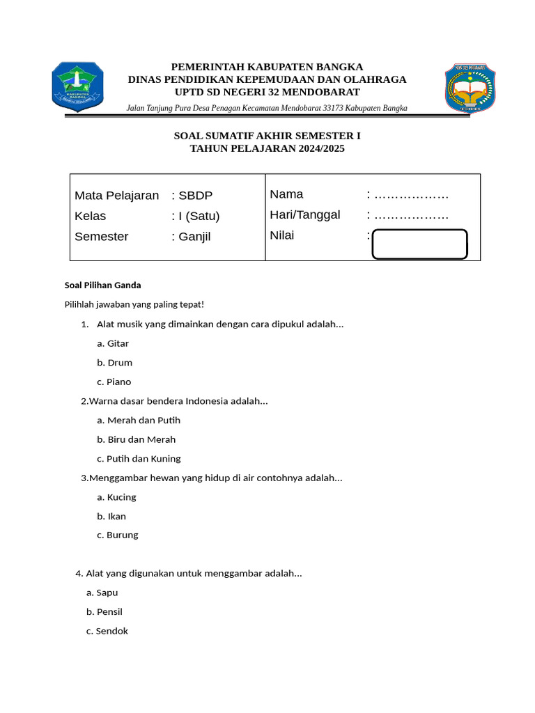Soal SBdP Kelas 1 Semester Ganjil.docx3333 | PDF