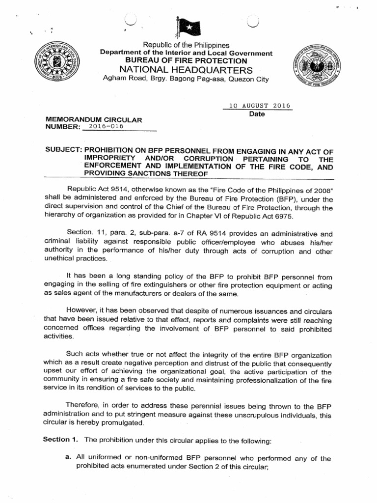 BFP Memorandum Circular No. 2016-016 | PDF