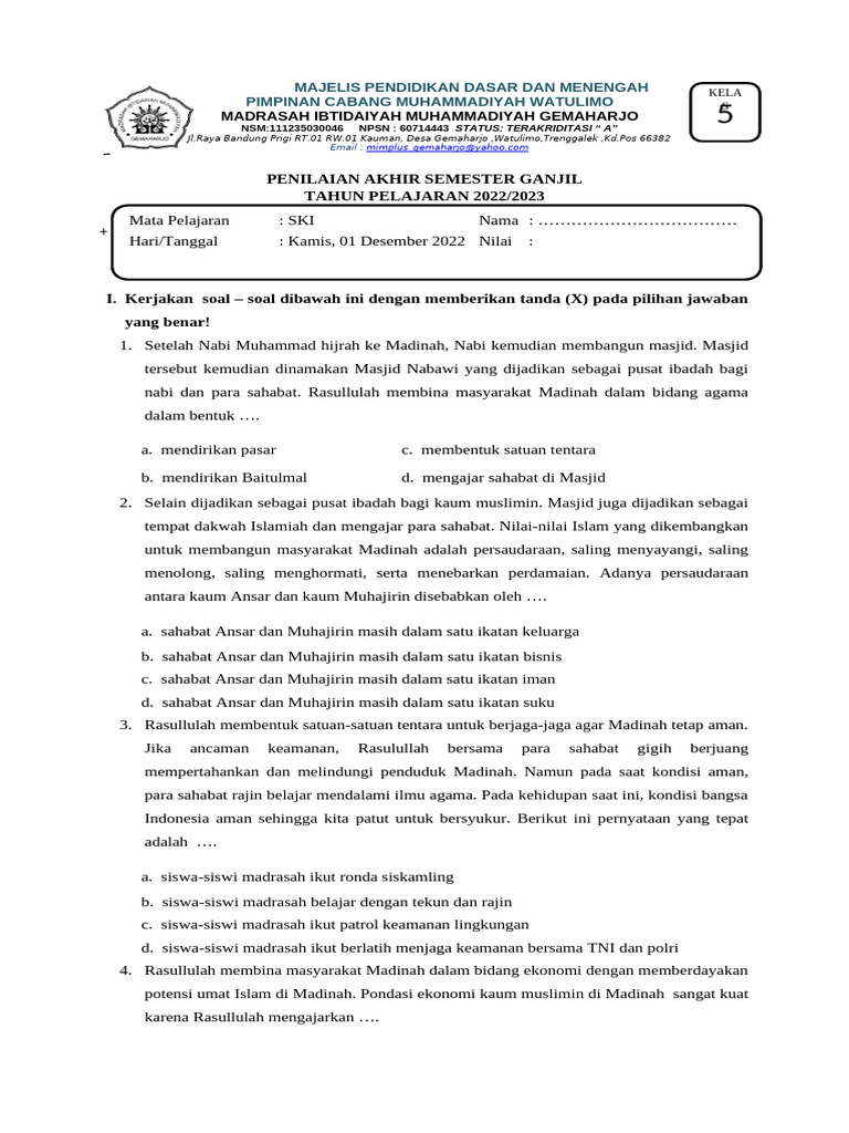 PAS SKI Kelas 5 2022 | PDF