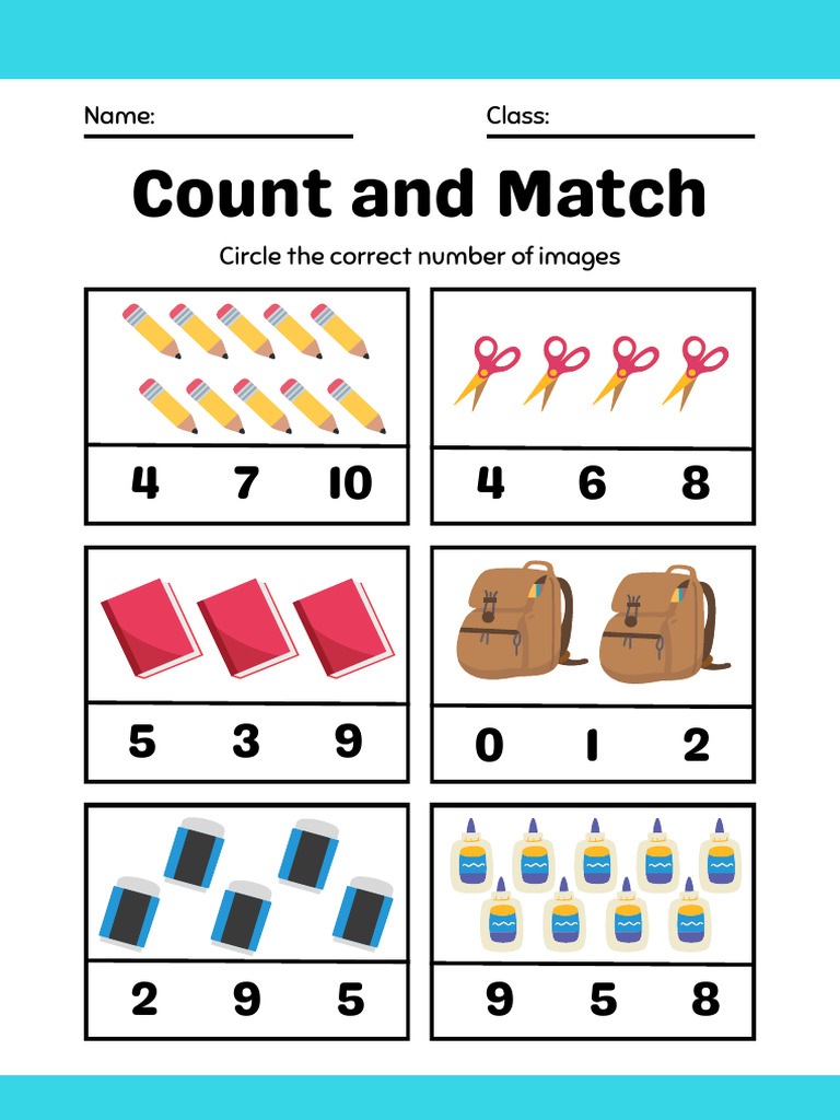 Blue Simple School Illustration Counting Images Mathematics Worksheet | PDF