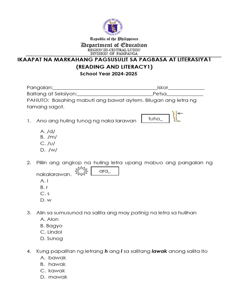 4TH Quarter Test-Tagalog-Reading and Literacy - Grade 1 | PDF