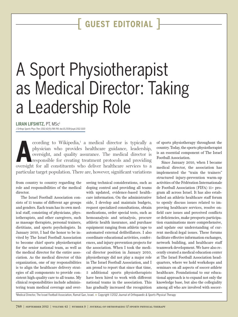 A Sport Physiotherapist As Medical Director-Taking A Leadership Role ...