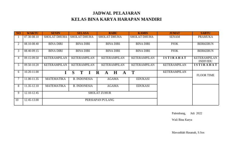 2022 Jadwal Pelajaran Bina Karya | PDF