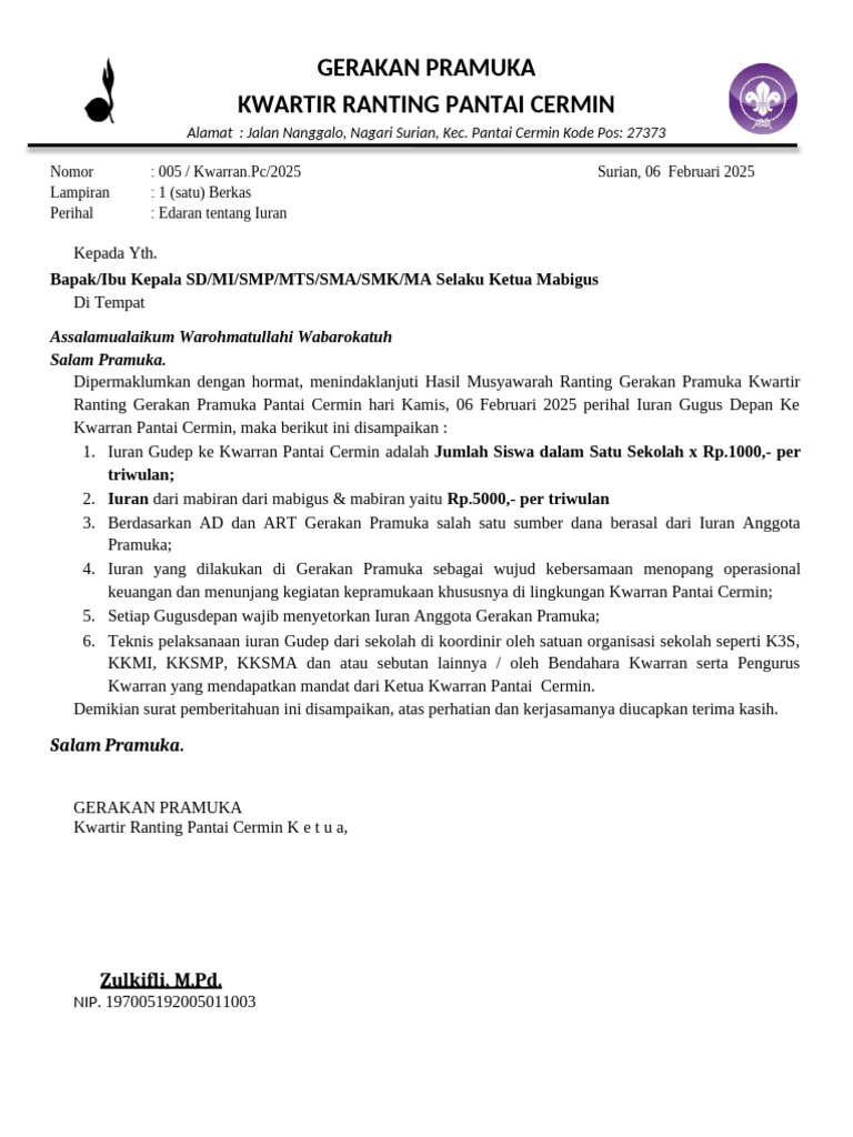 Surat Edaran Kwartir Ranting Kecamatan Pantai Cermin | PDF