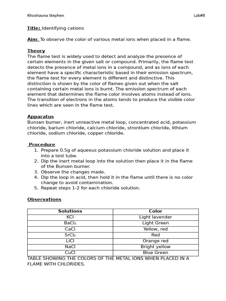 9 Identification of Cations Lab | PDF | Chloride | Electromagnetic Spectrum