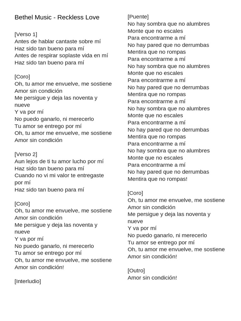 Amor Sin Condicion - Bethel Music | PDF