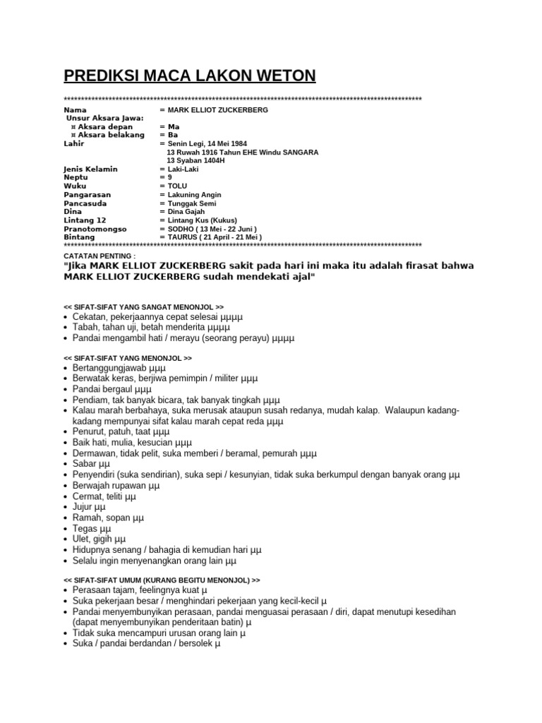 Contoh Analisa Weton Mark Zuckerberg | PDF
