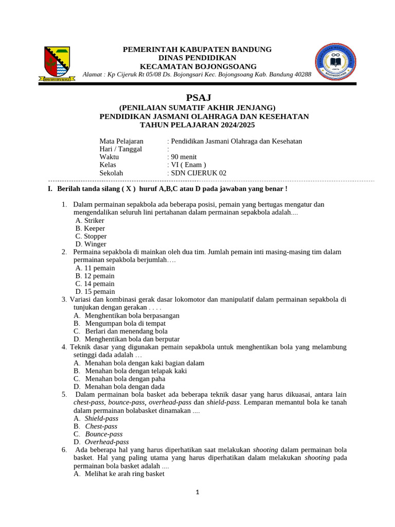 Soal Psaj Pjok Kelas Vi | PDF