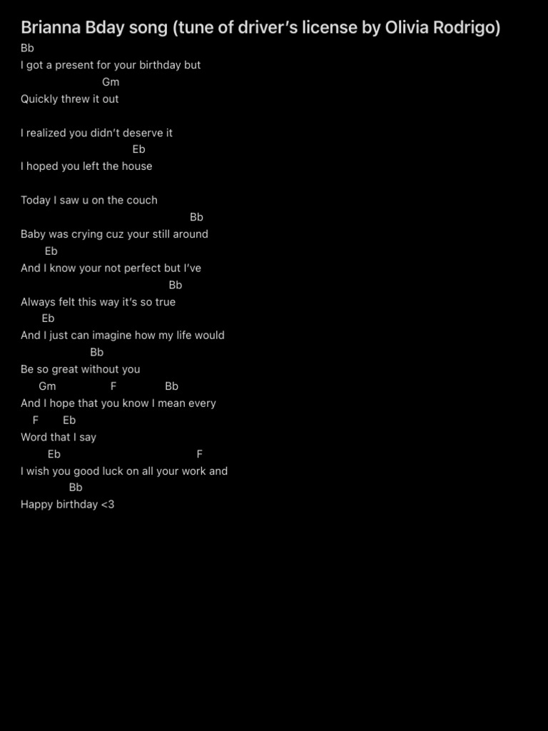 Brianna Bday Song (Tune of Driver's License by Olivia Rodrigo) | PDF