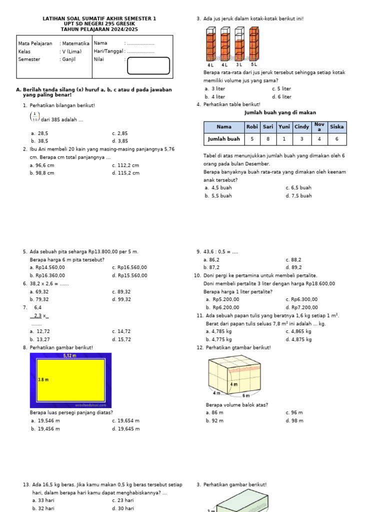 Soal Sas 1 MTK Kelas 5 | PDF