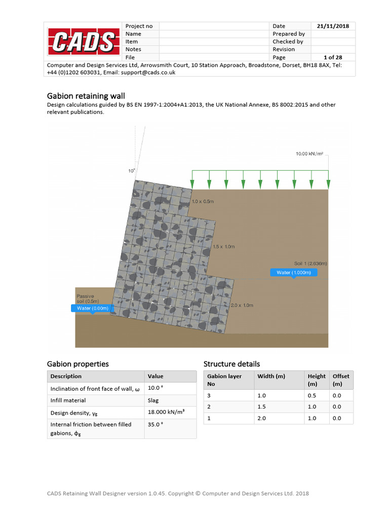 Gabion Retaining Wall Report Calculations | PDF | Mechanical Engineering | Civil Engineering