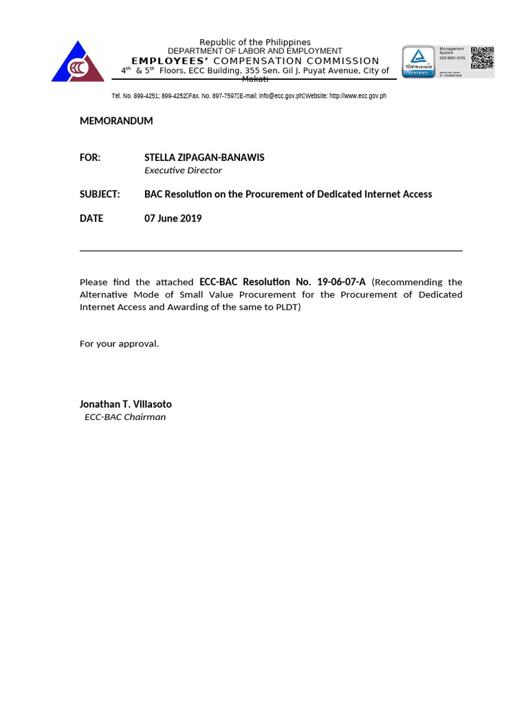 Bac Memo-Resolution ( (2019) - Small Value Procurement - Dedicated Internet Access) | PDF ...