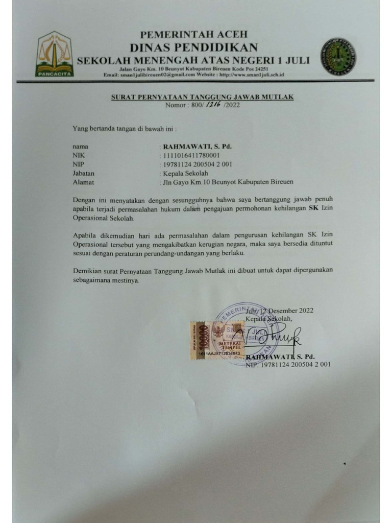 Surat Pernyataan Bermaterai Dari Penyelenggara Sekolah | PDF