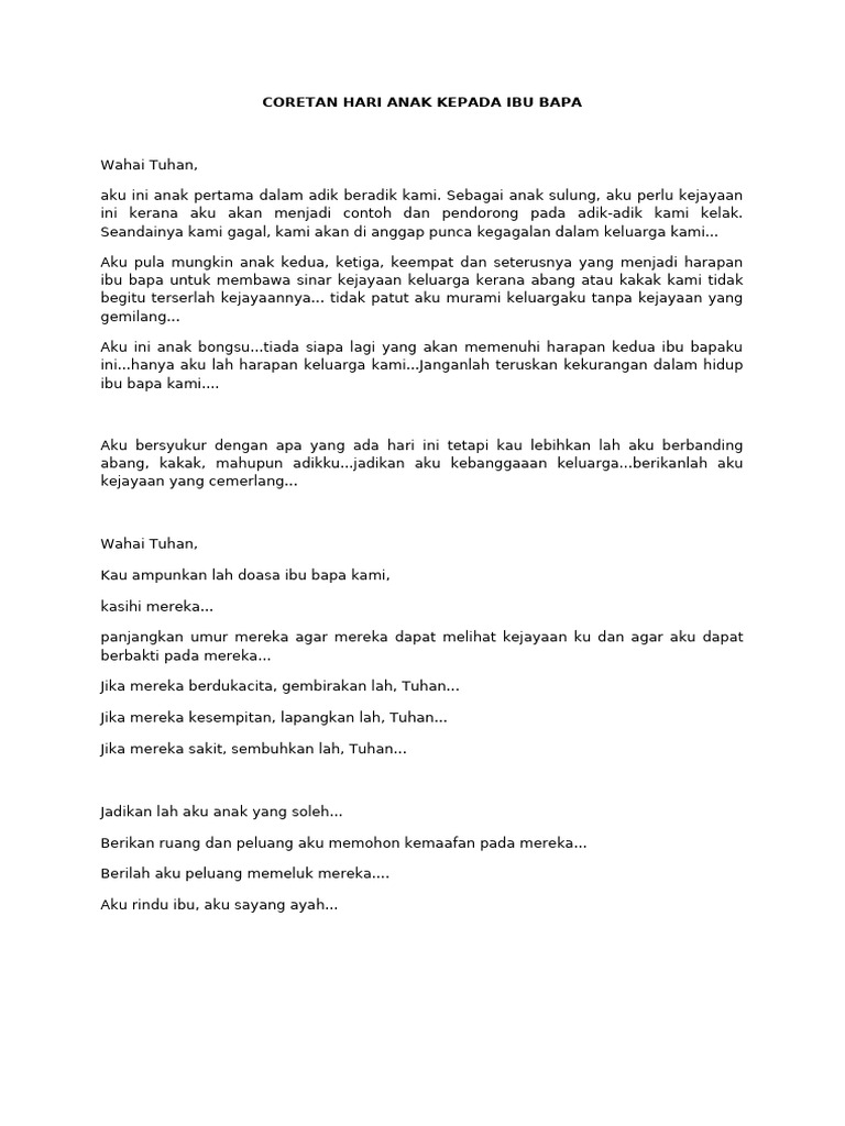 CORETAN HARI ANAK KEPADA IBU BAPA | PDF