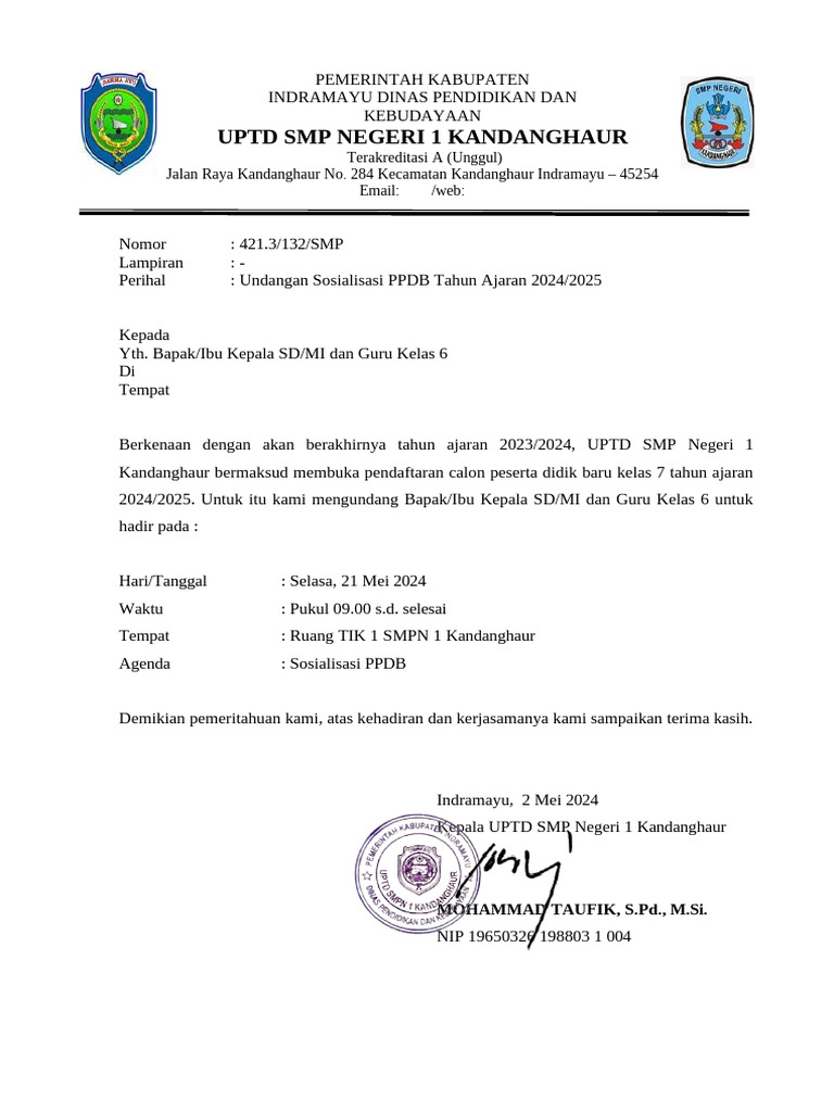 Surat Undangan Sosialisasi PPDB 2024-2025 SMPN 1 Kandanghaur | PDF