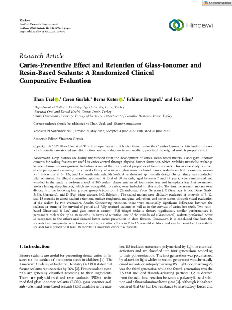 BioMed Research International - 2022 - Uzel - Caries Preventive Effect and Retention of Glass ...