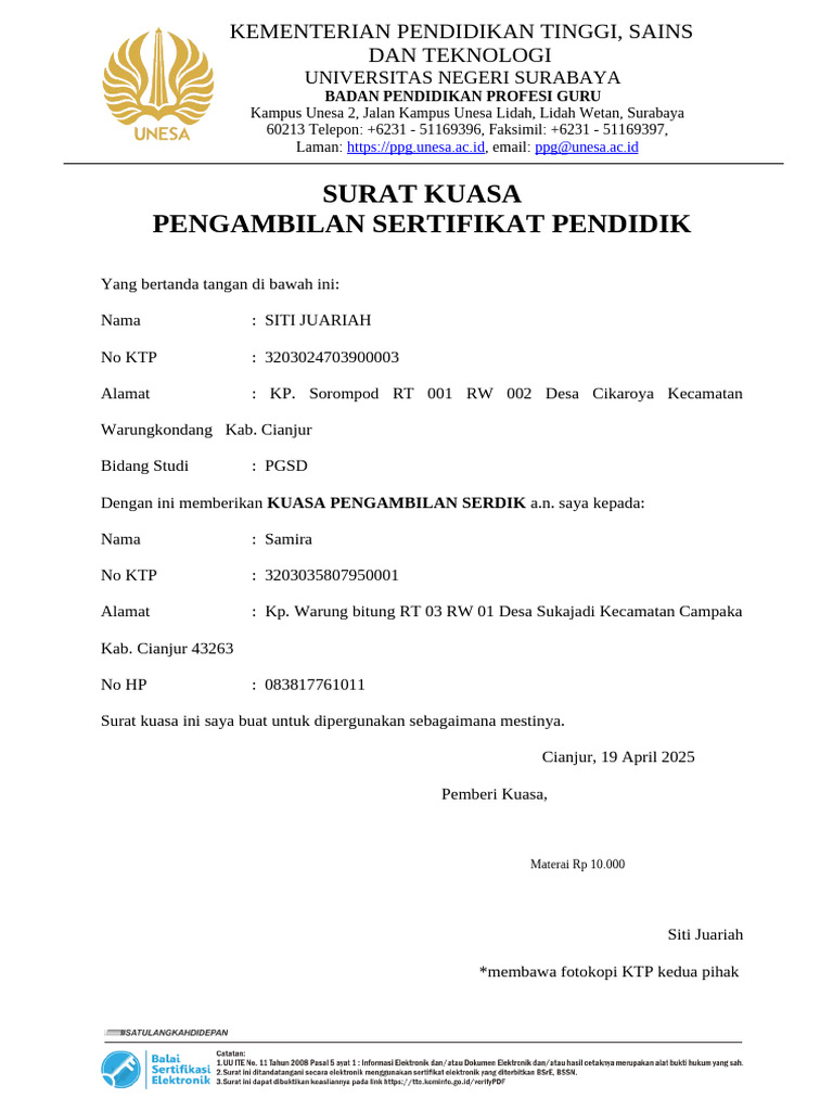 Surat Kuasa Pengambilan Serdik GT 3 | PDF