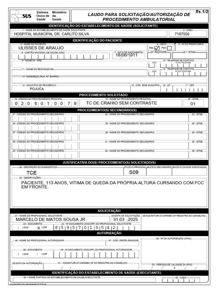 Solicitação de TC de Crânio sem Contraste | PDF