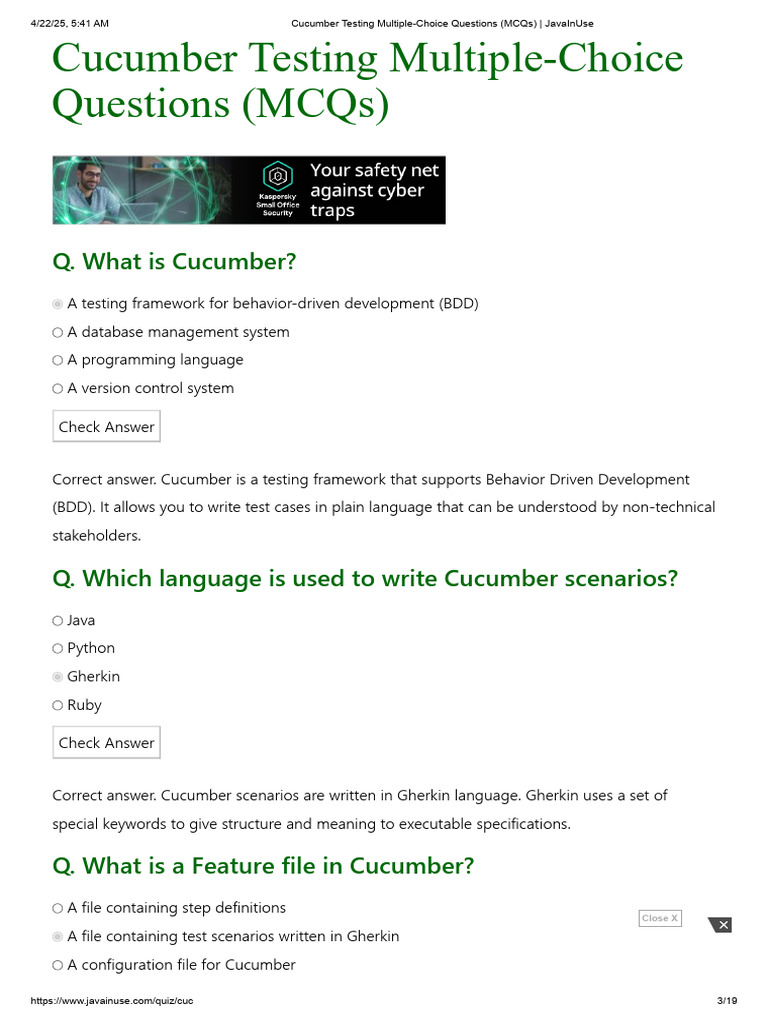 Cucumber Testing Multiple-Choice Questions (MCQs) _ JavaInUse | PDF ...