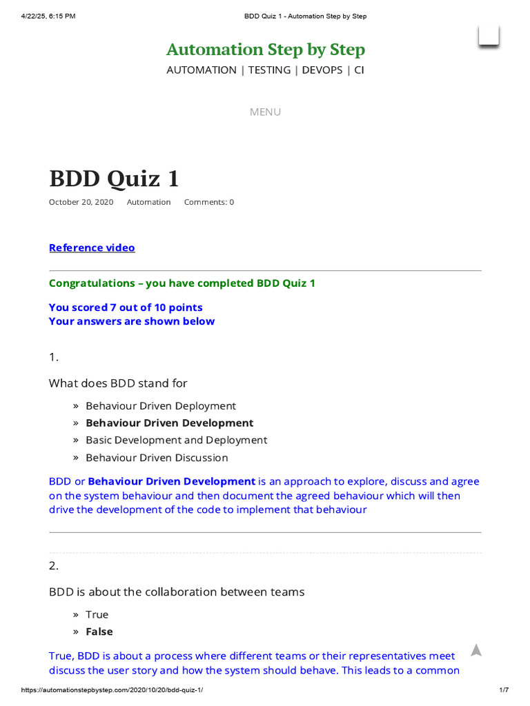 BDD Quiz Insights and Automation Steps | PDF | Information Technology ...