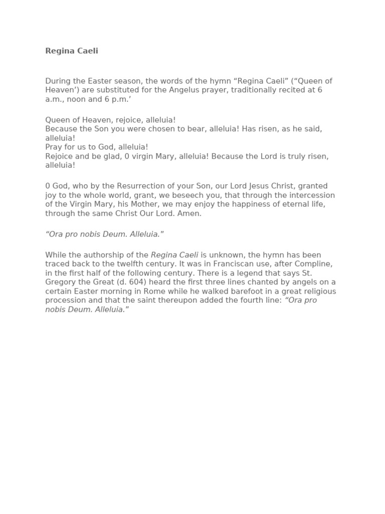 Regina Caeli (Angelus During Easter) | PDF