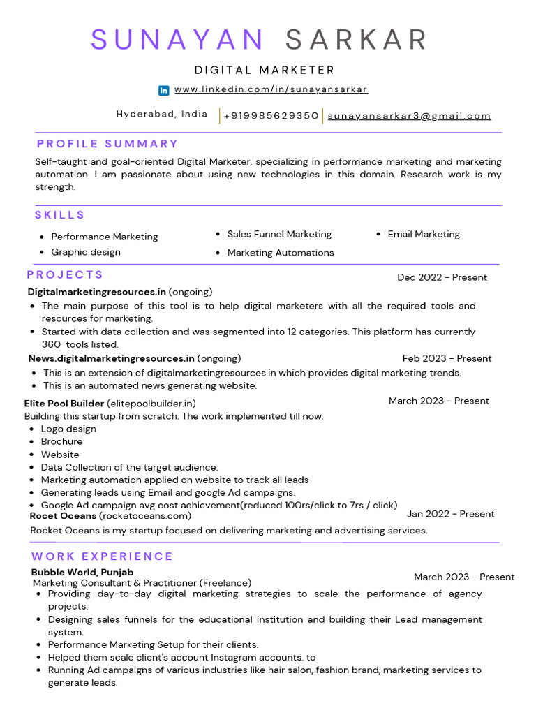 Digital Marketing Resume - Sunayan | PDF | Marketing | Digital Marketing